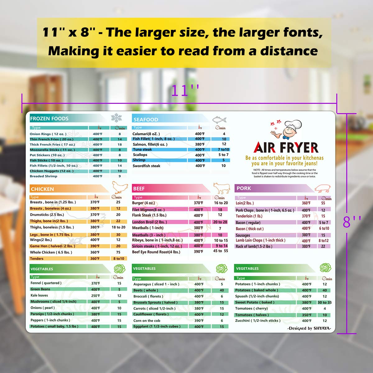 Air Fryer Magnetic Cheat Sheet Cookbook Cooker Accessories Big Magnet 11''x8'' Cooking Times Chart Kitchen Hot Air Frying Useful Gift Guide Cookbook Recipes Reference