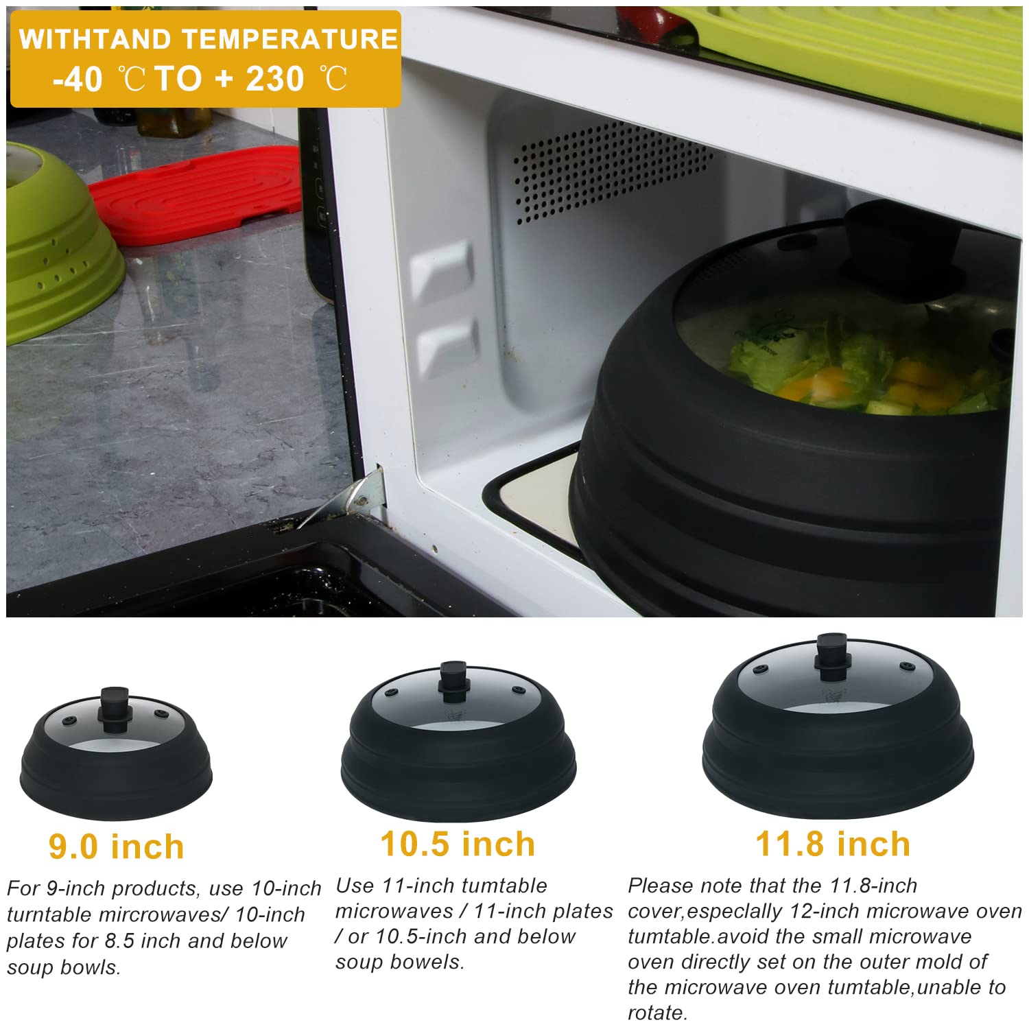 Microwave Splatter Cover Microwave Cover for Food Collapsible Plate Cover Lid with Easy Grip Handle Safe Tempered Glass & Silicone Pot Cover Splatter Heat Resistant Cover Guard (BLACK 9 INCH)