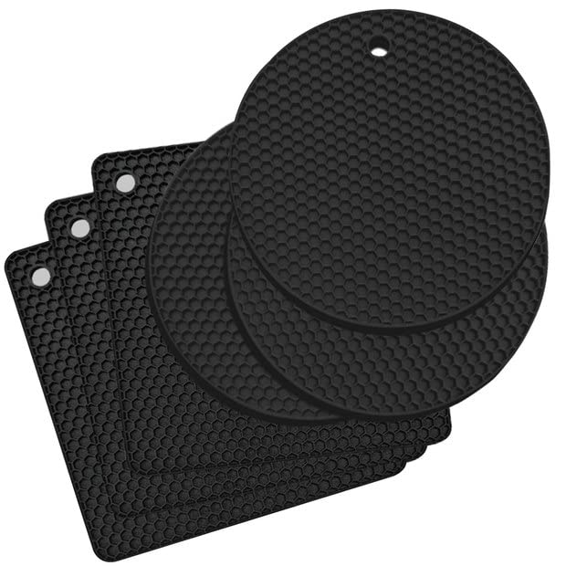 Silicone Trivet Mats, Pot Pads Silicone Pot Holders for Hot Pan Heat Resistant and Anti Slip, Easy to wash and Dry, 6 Pack Black (3 Squared + 3 Round Mats)