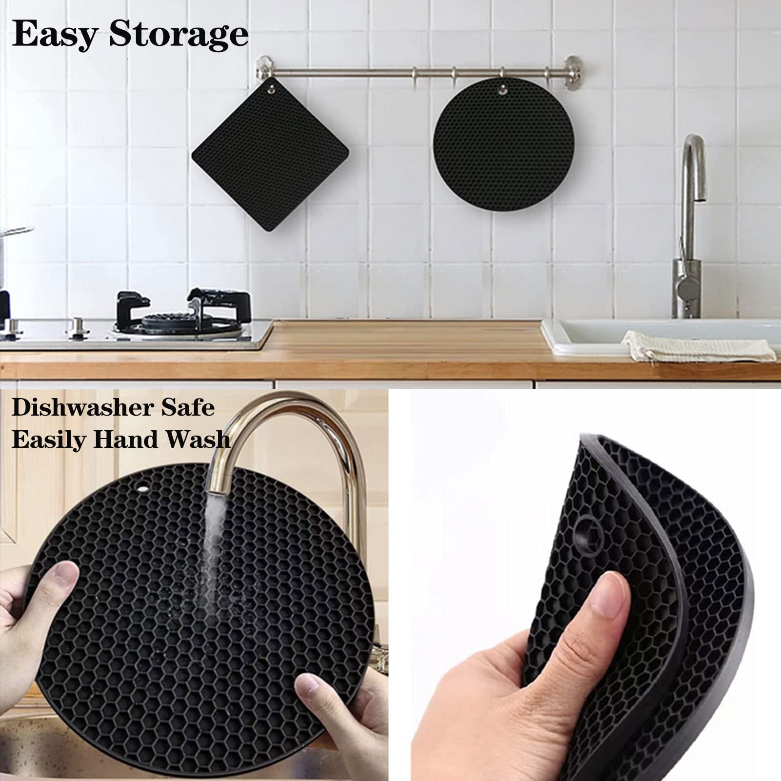 Silicone Trivet Mats, Pot Pads Silicone Pot Holders for Hot Pan Heat Resistant and Anti Slip, Easy to wash and Dry, 6 Pack Black (3 Squared + 3 Round Mats)