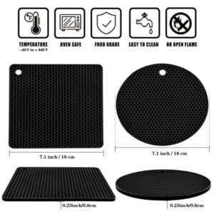 Silicone Trivet Mats, Pot Pads Silicone Pot Holders for Hot Pan Heat Resistant and Anti Slip, Easy to wash and Dry, 6 Pack Black (3 Squared + 3 Round Mats)