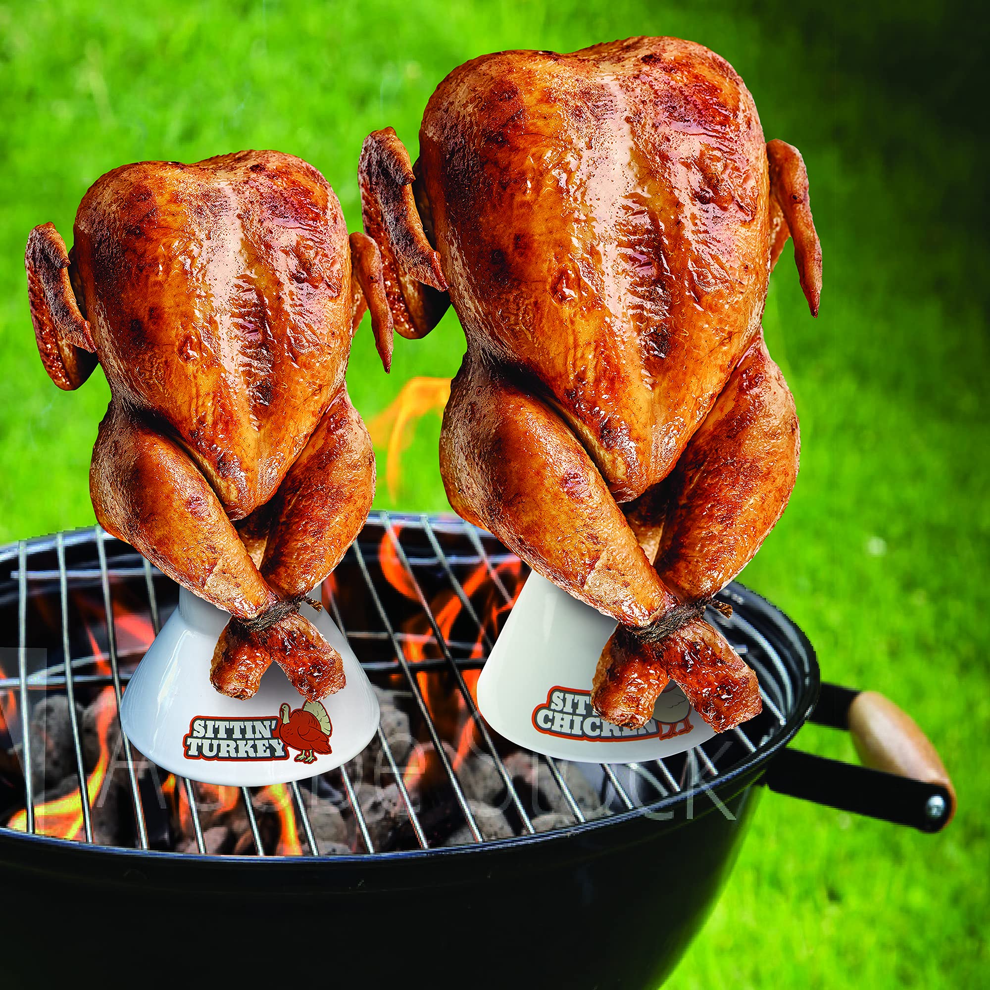 Sittin' Chicken & Turkey Ceramic Beer Can Roaster & Steamer Combo Pack- Easily Infuse flavors Into Your Meat- Wide Ceramic Base for Oven Or Grill Use- Great Meal Prep Accessories for BBQing & Grilling