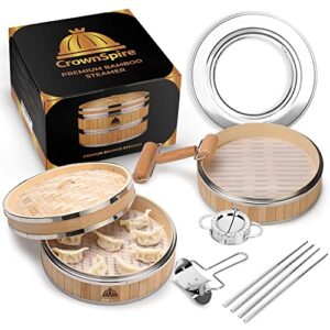 crownspire - bamboo steamer 10 inch - bamboo steamer basket - for vegetables + sea food + dumpling cutter + stainless steel chopsticks - adapter ring - reusable silicone liners - rolling pin