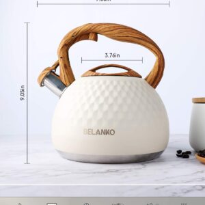 Tea Kettle, 2.7 Quart / 3 Liter BELANKO Stainless Steel Kettles for Stove Top, Food Grade Teapot with Wood Pattern Handle Loud Whistling for Coffee, Milk etc, Gas Electric Applicable - Milk White