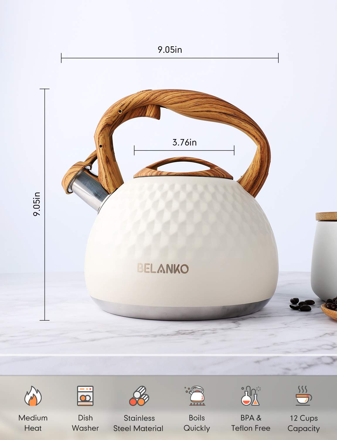 Tea Kettle, 2.7 Quart / 3 Liter BELANKO Stainless Steel Kettles for Stove Top, Food Grade Teapot with Wood Pattern Handle Loud Whistling for Coffee, Milk etc, Gas Electric Applicable - Milk White