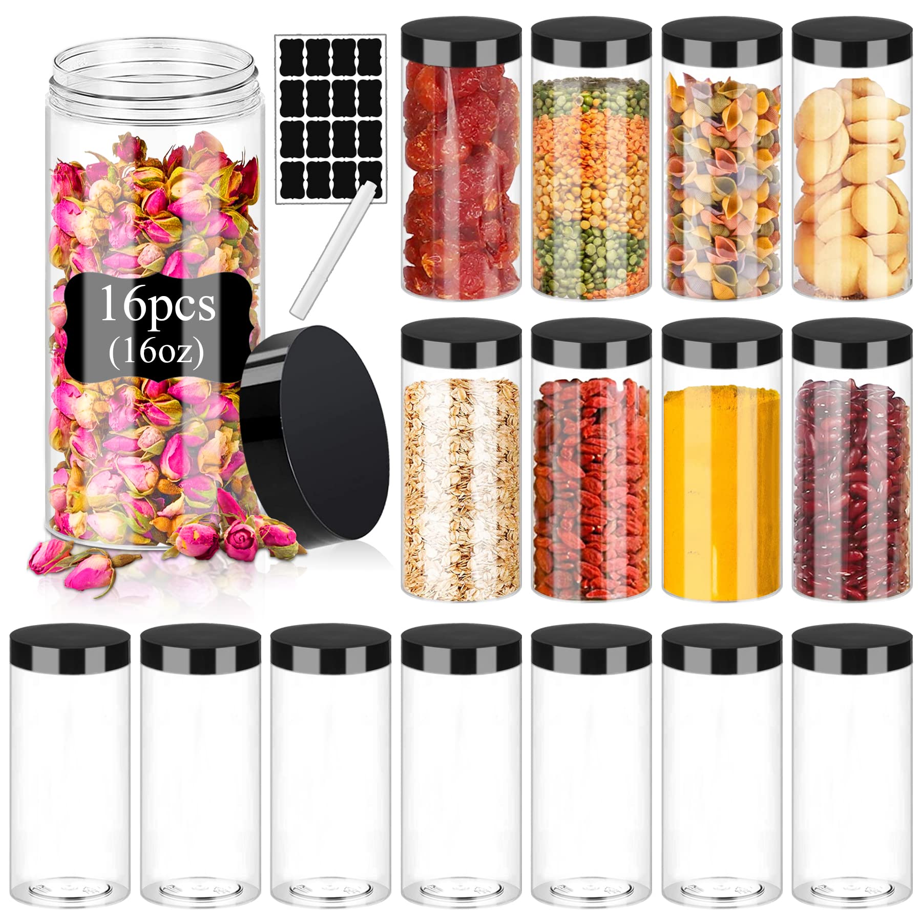 Hajoyful Plastic Jars with Lids 16OZ 16PCS Small Empty Slime Cosmetics Containers Clear Gift Food Jars Round PET Cream Jars with Black Lids Pen Labels for Kitchen Storage Spices Dry Food Butter