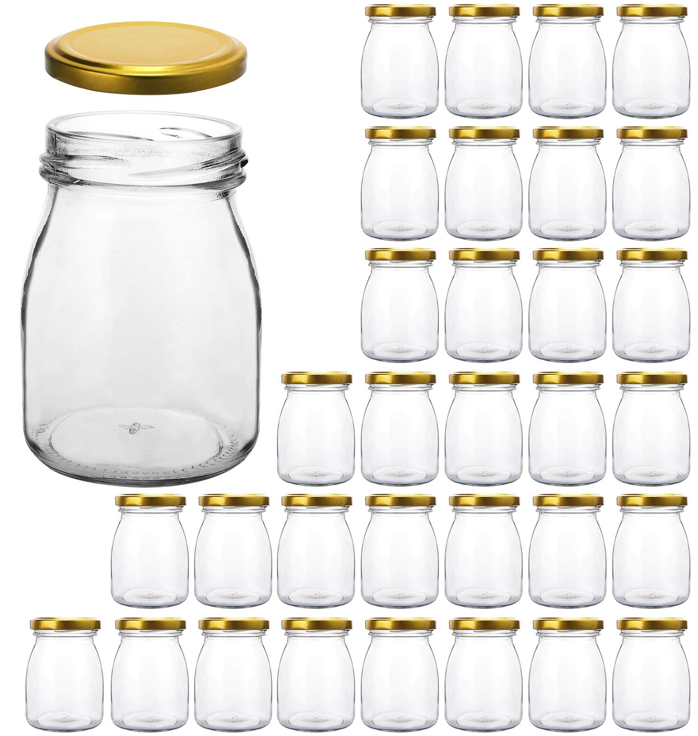 KAMOTA lass Jars, 32 PACK 6 oz Clear Yogurt Jars With Gold Lids, Glass Pudding Jars Yogurt Jars Ideal for Jam, Honey, Wedding Favors, Shower Favors(200ml)