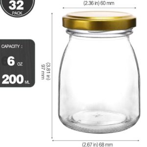 KAMOTA lass Jars, 32 PACK 6 oz Clear Yogurt Jars With Gold Lids, Glass Pudding Jars Yogurt Jars Ideal for Jam, Honey, Wedding Favors, Shower Favors(200ml)