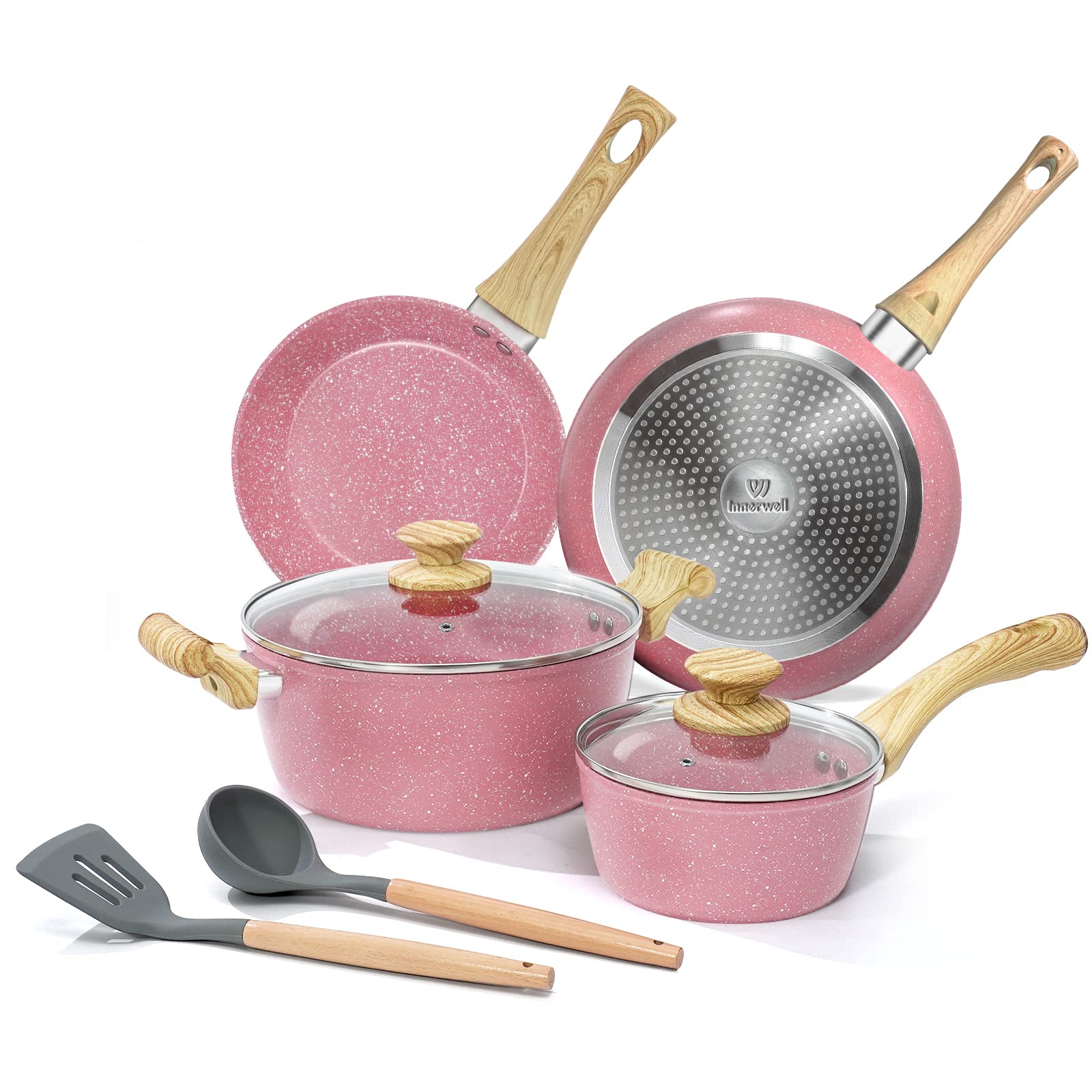 Nonstick Cookware Sets, 8 Piece Pots and Pans Set, Granite Stone Non Stick Frying Pan Set with Stay Cool Handles, Pink kitchen Sets 100% PFOA-Free, Toxin-Free, Induction Compatible