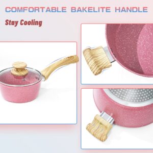 Nonstick Cookware Sets, 8 Piece Pots and Pans Set, Granite Stone Non Stick Frying Pan Set with Stay Cool Handles, Pink kitchen Sets 100% PFOA-Free, Toxin-Free, Induction Compatible