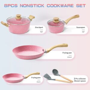 Nonstick Cookware Sets, 8 Piece Pots and Pans Set, Granite Stone Non Stick Frying Pan Set with Stay Cool Handles, Pink kitchen Sets 100% PFOA-Free, Toxin-Free, Induction Compatible