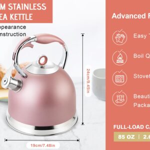 Tea Kettle - HIHUOS Whistling Tea Pots for Stove Top - Sleek 18/8 Stainless Steel Stovetop Kettle, Easy-grip Handle With Trigger Opening Mechanism, 1 Free Silicone Pinch Mitt Included (Pink 2.64QT)