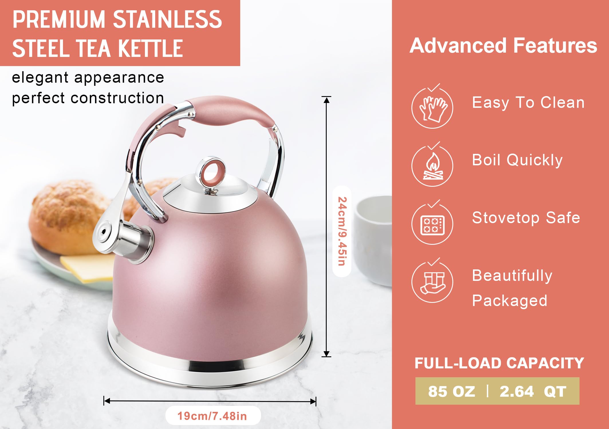 Tea Kettle - HIHUOS Whistling Tea Pots for Stove Top - Sleek 18/8 Stainless Steel Stovetop Kettle, Easy-grip Handle With Trigger Opening Mechanism, 1 Free Silicone Pinch Mitt Included (Pink 2.64QT)