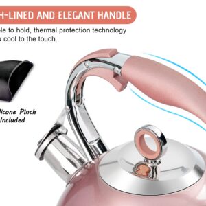 Tea Kettle - HIHUOS Whistling Tea Pots for Stove Top - Sleek 18/8 Stainless Steel Stovetop Kettle, Easy-grip Handle With Trigger Opening Mechanism, 1 Free Silicone Pinch Mitt Included (Pink 2.64QT)