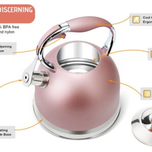 Tea Kettle - HIHUOS Whistling Tea Pots for Stove Top - Sleek 18/8 Stainless Steel Stovetop Kettle, Easy-grip Handle With Trigger Opening Mechanism, 1 Free Silicone Pinch Mitt Included (Pink 2.64QT)