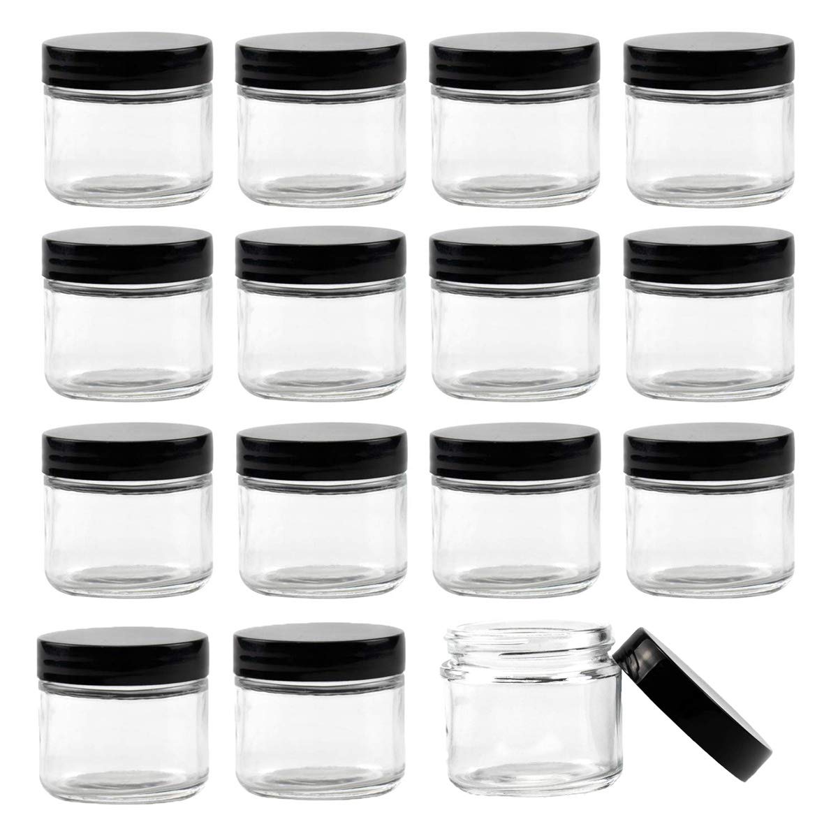 Bekith 15 pack 2oz Round Jar Straight Sided Clear Glass Jars, Airtight Glass Jar with Black Plastic Smooth Lids