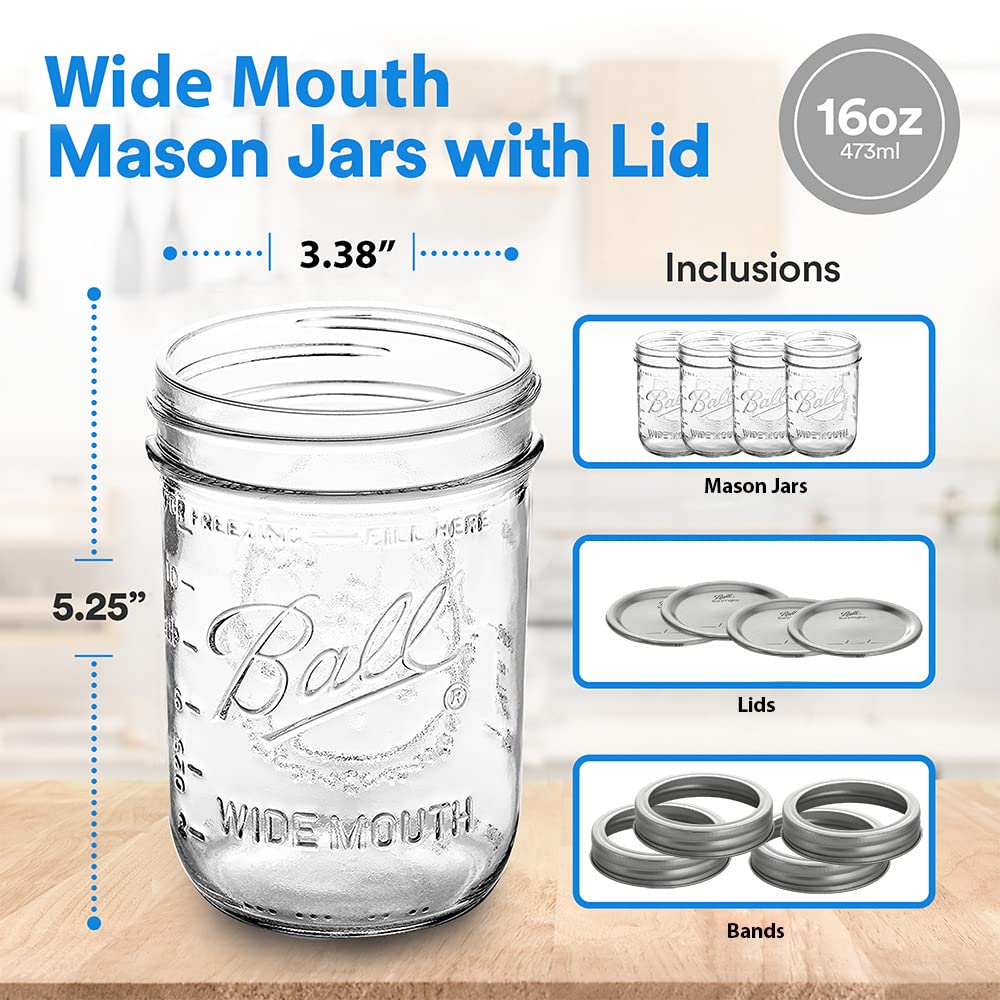 Wide Mouth Mason Jars 16 oz. (12 Pack) - Pint Size Jars with Airtight Lids and Bands for Canning, Fermenting, Pickling, or DIY Decors and Projects Bundled with Jar Opener