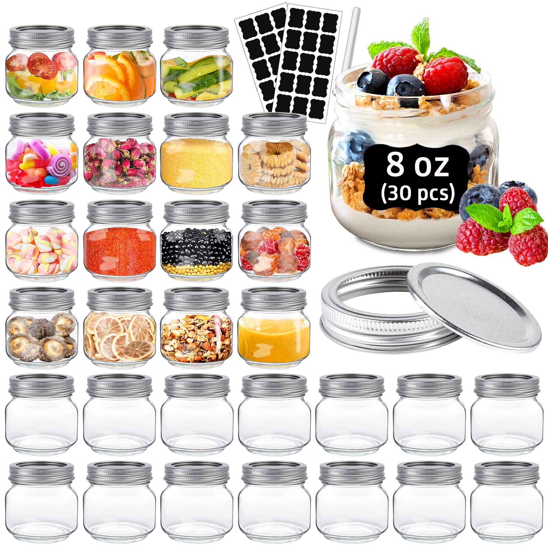 Aliggbent Mason Jars 8 oz, 30pcs Reusable Mason Jars with Regular Airtight Lids and Bands, Clear Small Mason Jars, 1/2 Pint Glass Canning Jars for Jelly, Overnight Oats, Jam, Fruit, Yogurt, Crafts