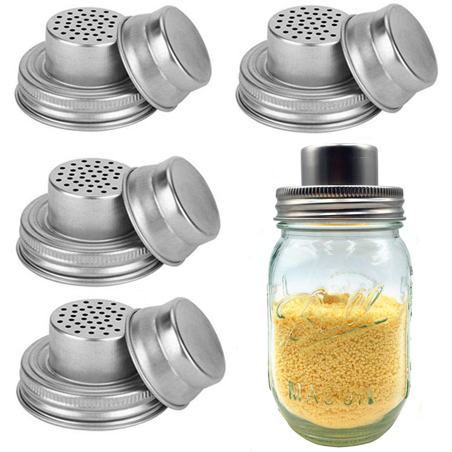 4 Pack Stainless Steel Mason Jar Shaker Lids with Silicone Seals for Dredge Flour,Mix Spices,Sugar, Salt, Peppers and Any Regular Mouth Mason Jar Canning Jar