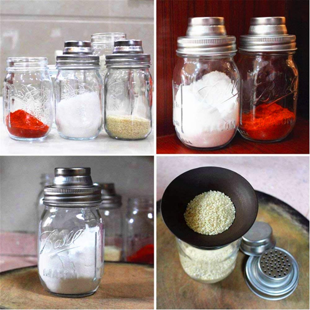 4 Pack Stainless Steel Mason Jar Shaker Lids with Silicone Seals for Dredge Flour,Mix Spices,Sugar, Salt, Peppers and Any Regular Mouth Mason Jar Canning Jar