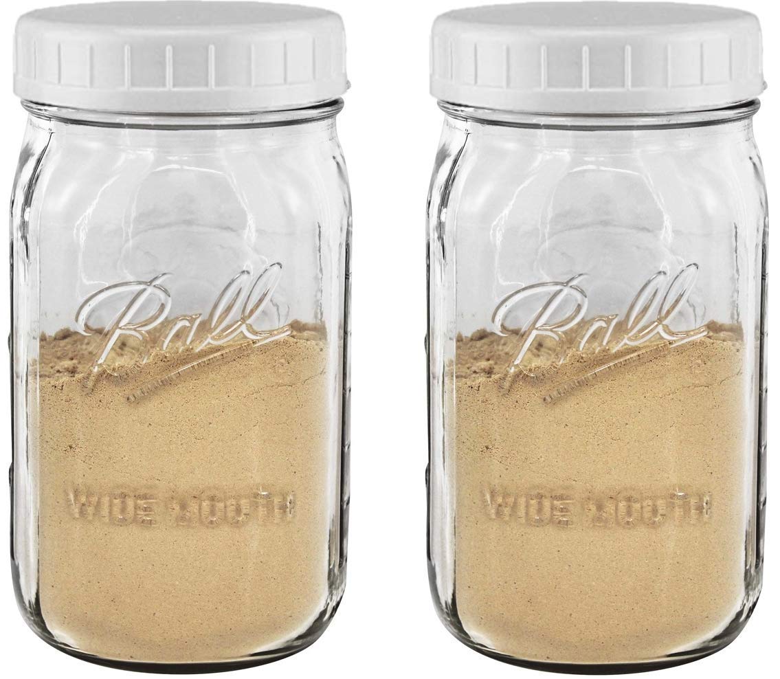 EASY-BUSY Kitchen Combo of Ball 32 oz.-Quart Clear Glass Mason Canning Jar, With EB White Food Storage Plastic Lids Set of 2, Wide Mouth Caps fit WM Ball & Kerr jars & Containers, Reusable, BPA Free,