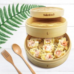 VallenEnix Bamboo Steamer Basket - 10-inch, 2-Tier, Stainless Steel Adapter Ring, 4 Silicone Liners. Natural Basket Steam, Cook Asian Food, Dim Sum, Chinese Dumplings, Bao Bun, Vegetables & Rice