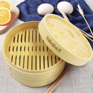 VallenEnix Bamboo Steamer Basket - 10-inch, 2-Tier, Stainless Steel Adapter Ring, 4 Silicone Liners. Natural Basket Steam, Cook Asian Food, Dim Sum, Chinese Dumplings, Bao Bun, Vegetables & Rice