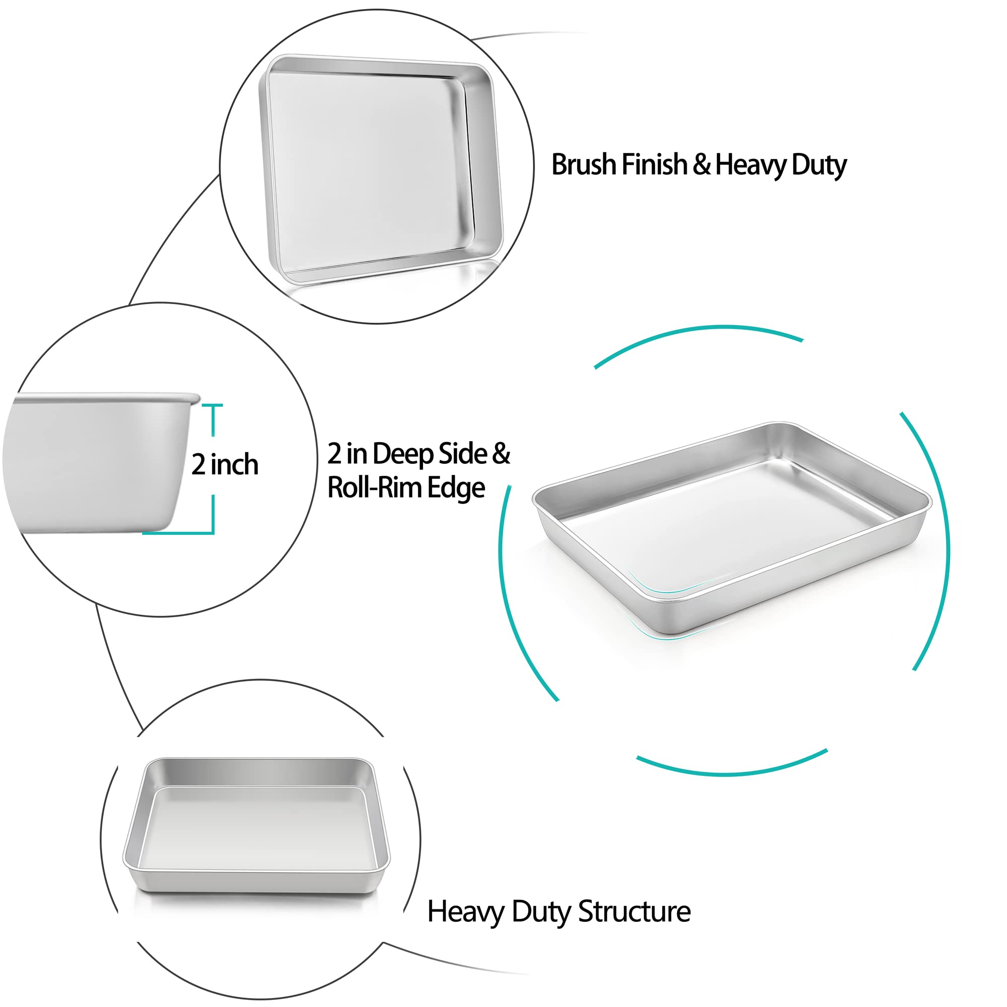 TeamFar Lasagna Pan, 12⅖’’ x 9¾’’ x 2’’, Stainless Steel Rectangular Casserole Cake Baking Brownie Pan, Non-toxic & Sturdy, Brushed Surface & Deep Side, Dishwasher Safe, 2PCS