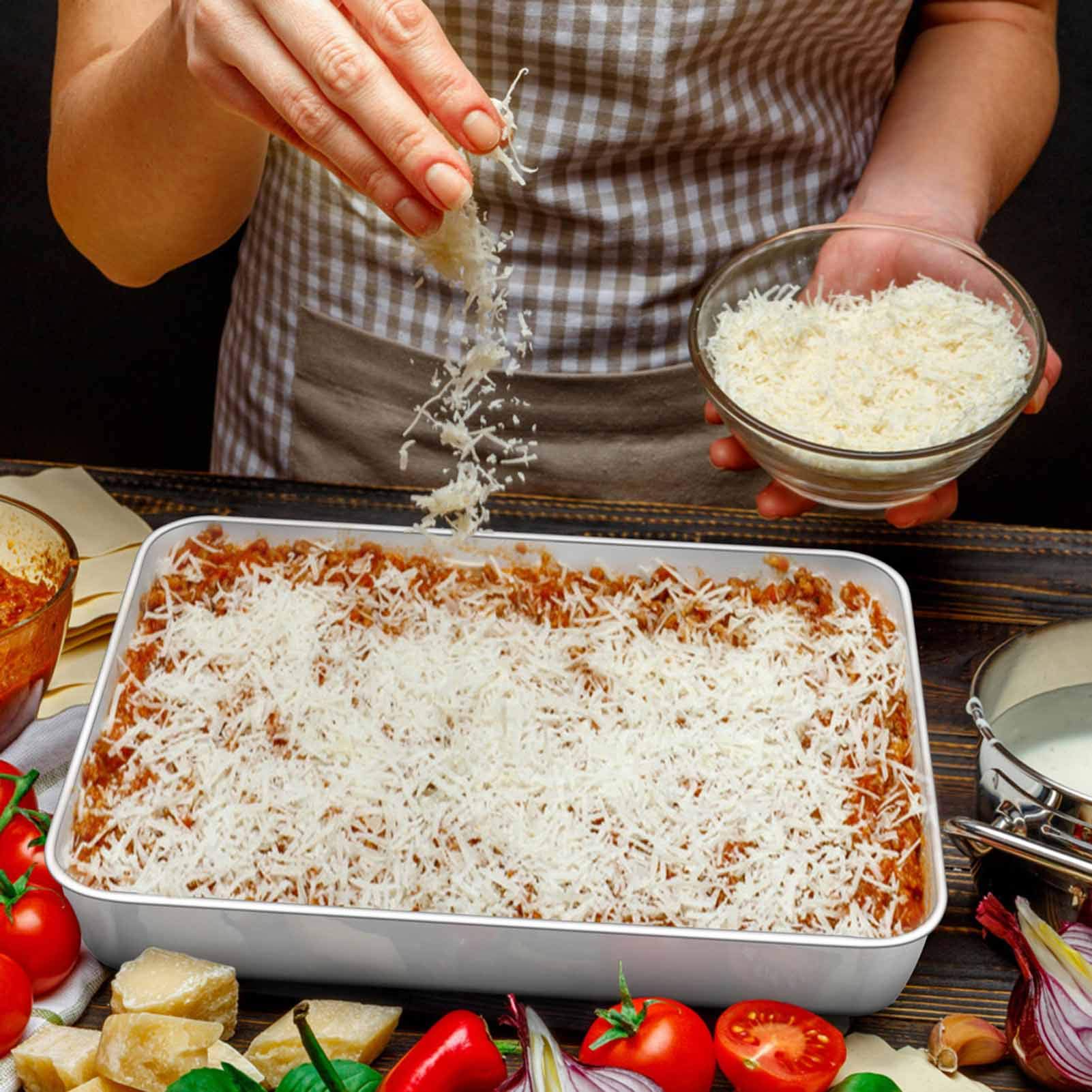 TeamFar Lasagna Pan, 12⅖’’ x 9¾’’ x 2’’, Stainless Steel Rectangular Casserole Cake Baking Brownie Pan, Non-toxic & Sturdy, Brushed Surface & Deep Side, Dishwasher Safe, 2PCS