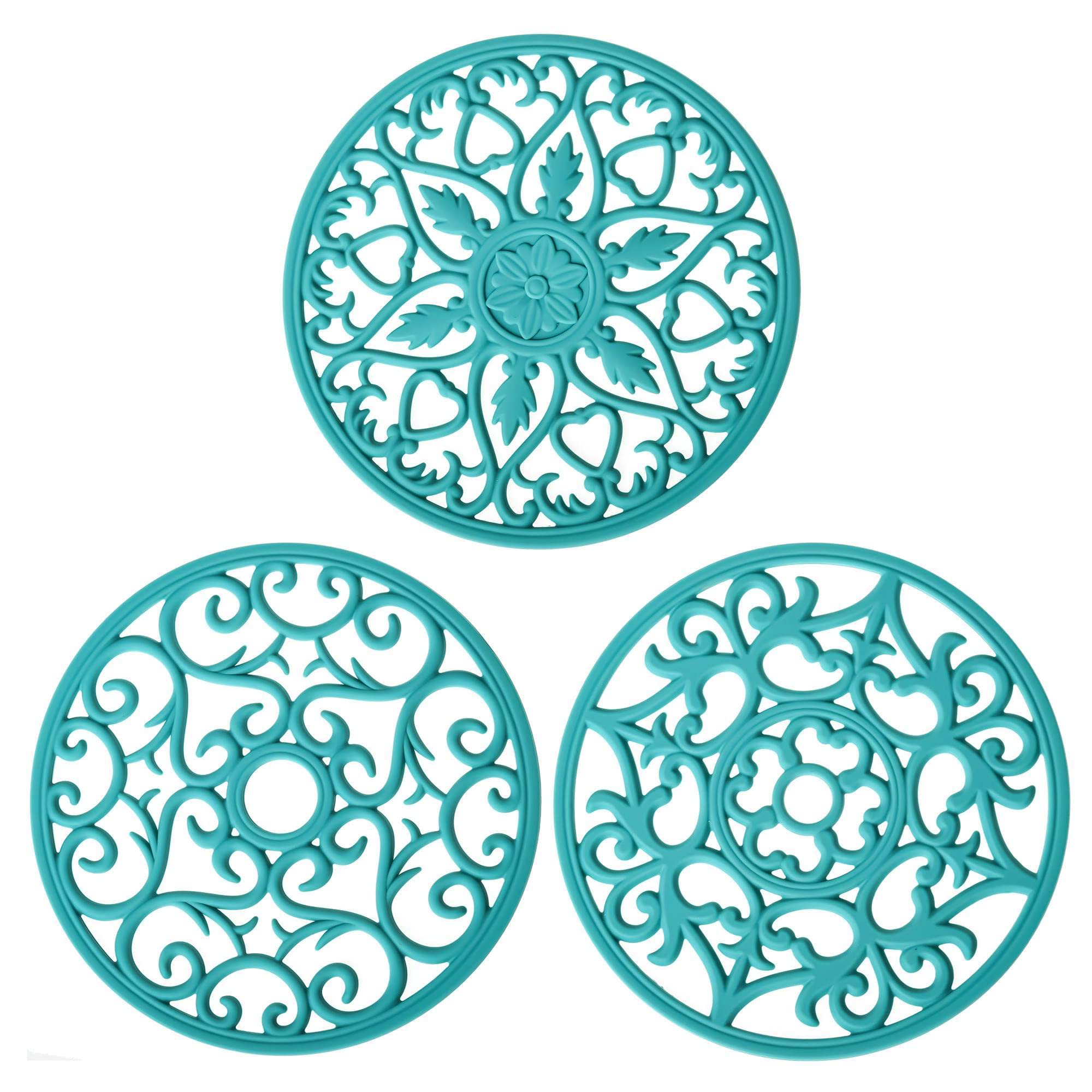 Kalsreui Teal Trivets for Hot Dishes, Silicone Hot Pads for Kitchen, Silicone Trivets for Hot Pots and Pans, Countertop and Tabletop Trivet Mat, Multi Use Round Silicone Pot Holders Set of 3