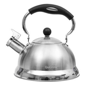 qucrow whistling tea kettle with heat-proof handle, kitchen grade stainless steel teapot stovetops, 3 quart, silver