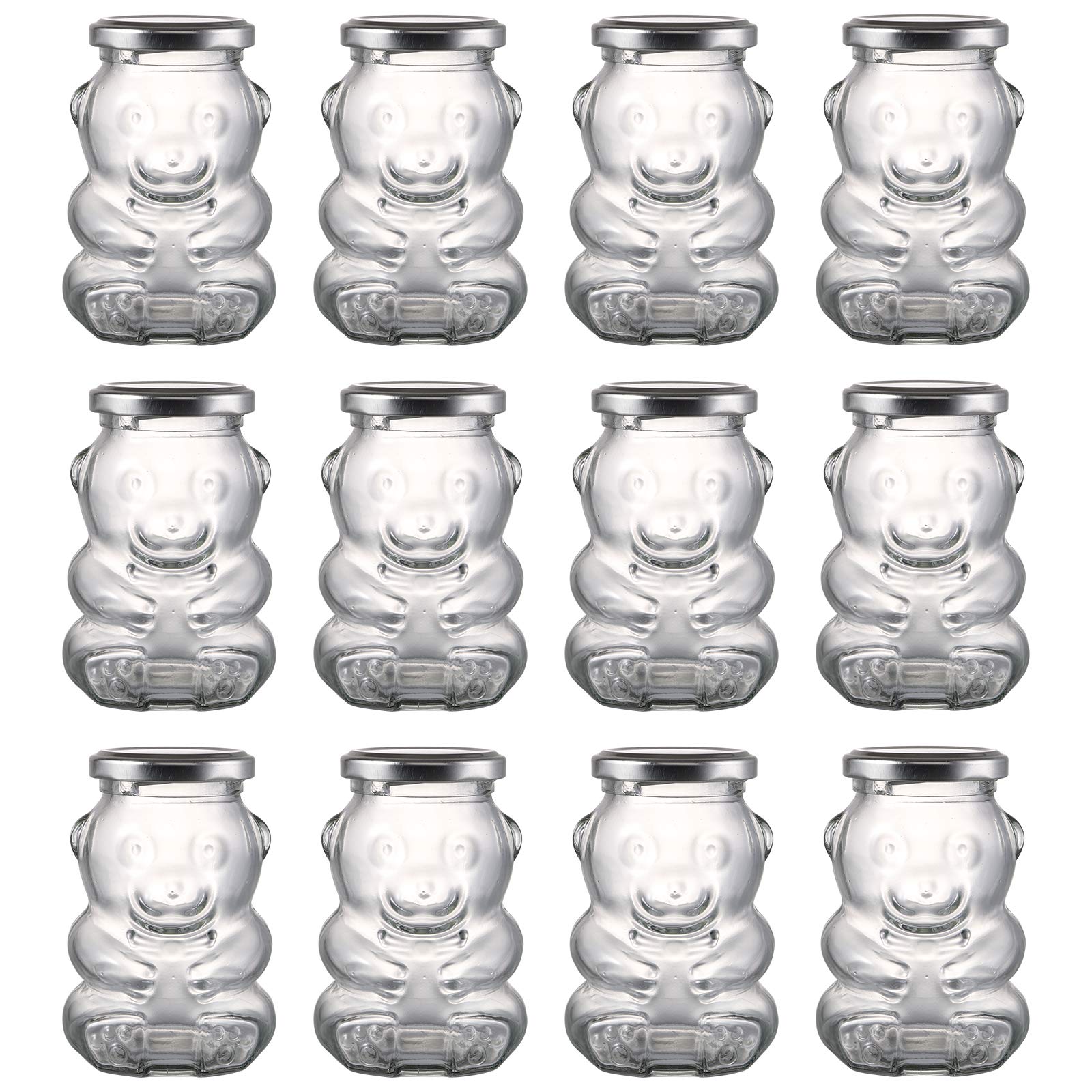 Bekith 12 Pack 9 oz Glass Honey Bear Jar with Silver Lids for Jam, Wedding Favors, Shower Favors, Baby Foods, DIY Magnetic Spice Jars