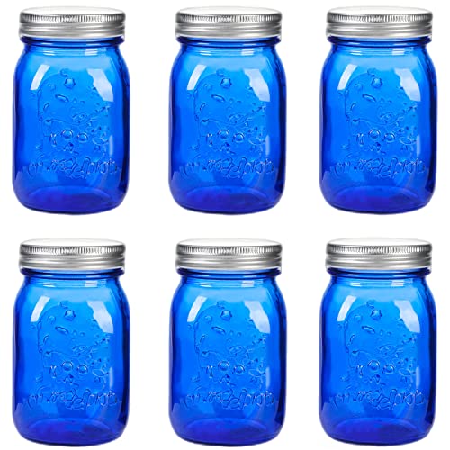 Amzcku 16 oz Blue Mason Jars with Lids，Regular Mouth Canning Jar, 6 Pack Multifunction Glass Container, for Storage, Canning, Pickling, Preserving, Fermenting, DIY Crafts & Decor…