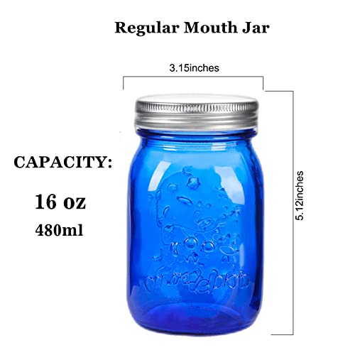 Amzcku 16 oz Blue Mason Jars with Lids，Regular Mouth Canning Jar, 6 Pack Multifunction Glass Container, for Storage, Canning, Pickling, Preserving, Fermenting, DIY Crafts & Decor…