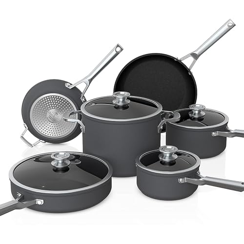 Ninja NeverStick Premium 10 Piece Pots & Frying Pans Set, with Glass Lids, Nesting, Hard Anodized, Kitchen Cookware Sets Nonstick, Durable & Oven Safe to 500°F, Slate Grey, C59500