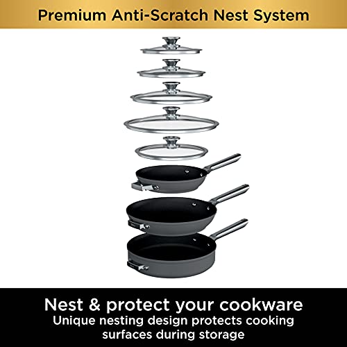 Ninja NeverStick Premium 10 Piece Pots & Frying Pans Set, with Glass Lids, Nesting, Hard Anodized, Kitchen Cookware Sets Nonstick, Durable & Oven Safe to 500°F, Slate Grey, C59500