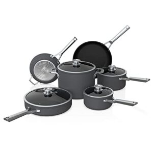 Ninja NeverStick Premium 10 Piece Pots & Frying Pans Set, with Glass Lids, Nesting, Hard Anodized, Kitchen Cookware Sets Nonstick, Durable & Oven Safe to 500°F, Slate Grey, C59500