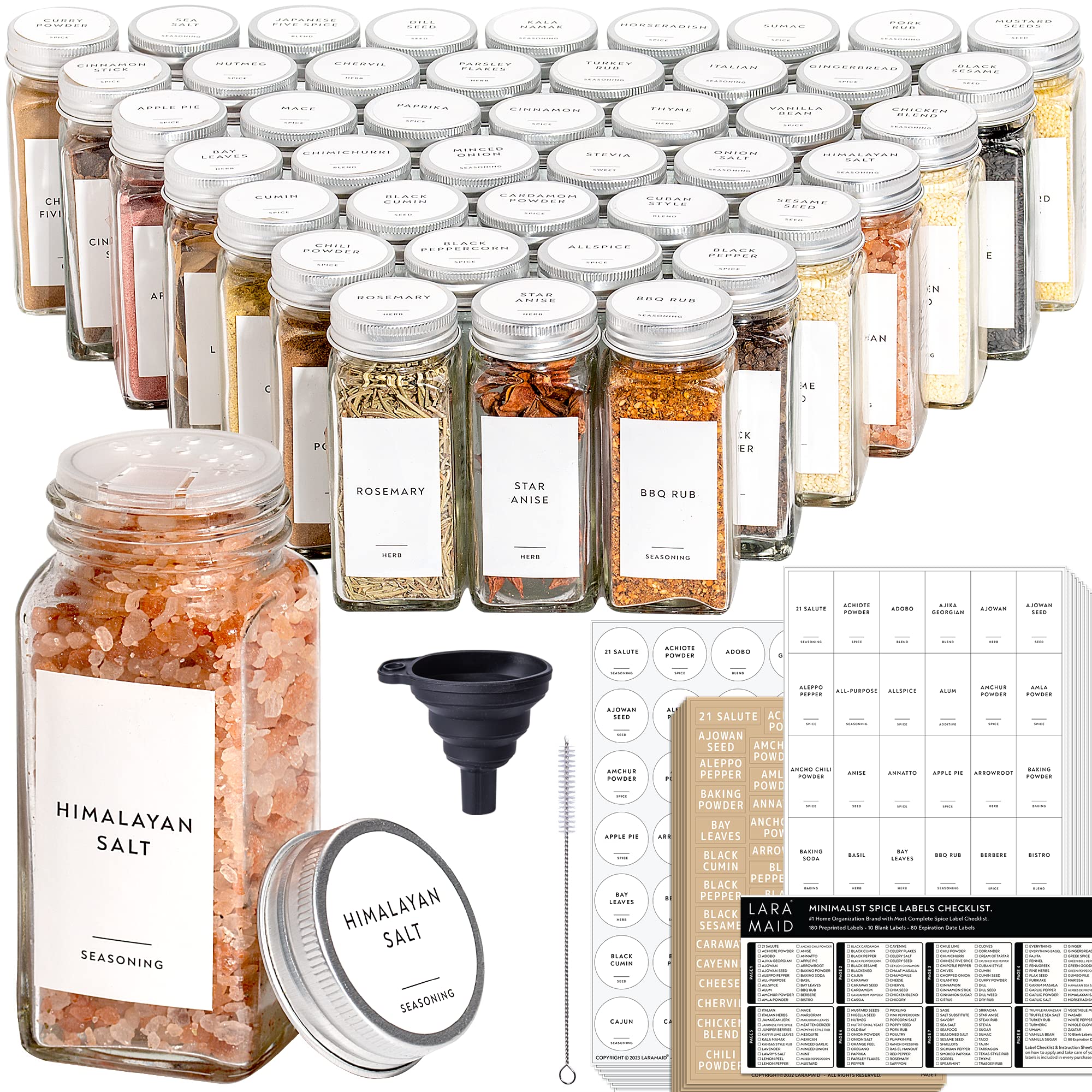 Laramaid 4oz 24Pack Spice Jars with 455 White Vinyl Spice Labels, Shaker Lids Dispenser with Airtight Silver Metal Caps, Cleaning Brush and Collapsible Silicone Funnel Complete Set