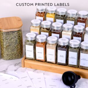 Laramaid 4oz 24Pack Spice Jars with 455 White Vinyl Spice Labels, Shaker Lids Dispenser with Airtight Silver Metal Caps, Cleaning Brush and Collapsible Silicone Funnel Complete Set