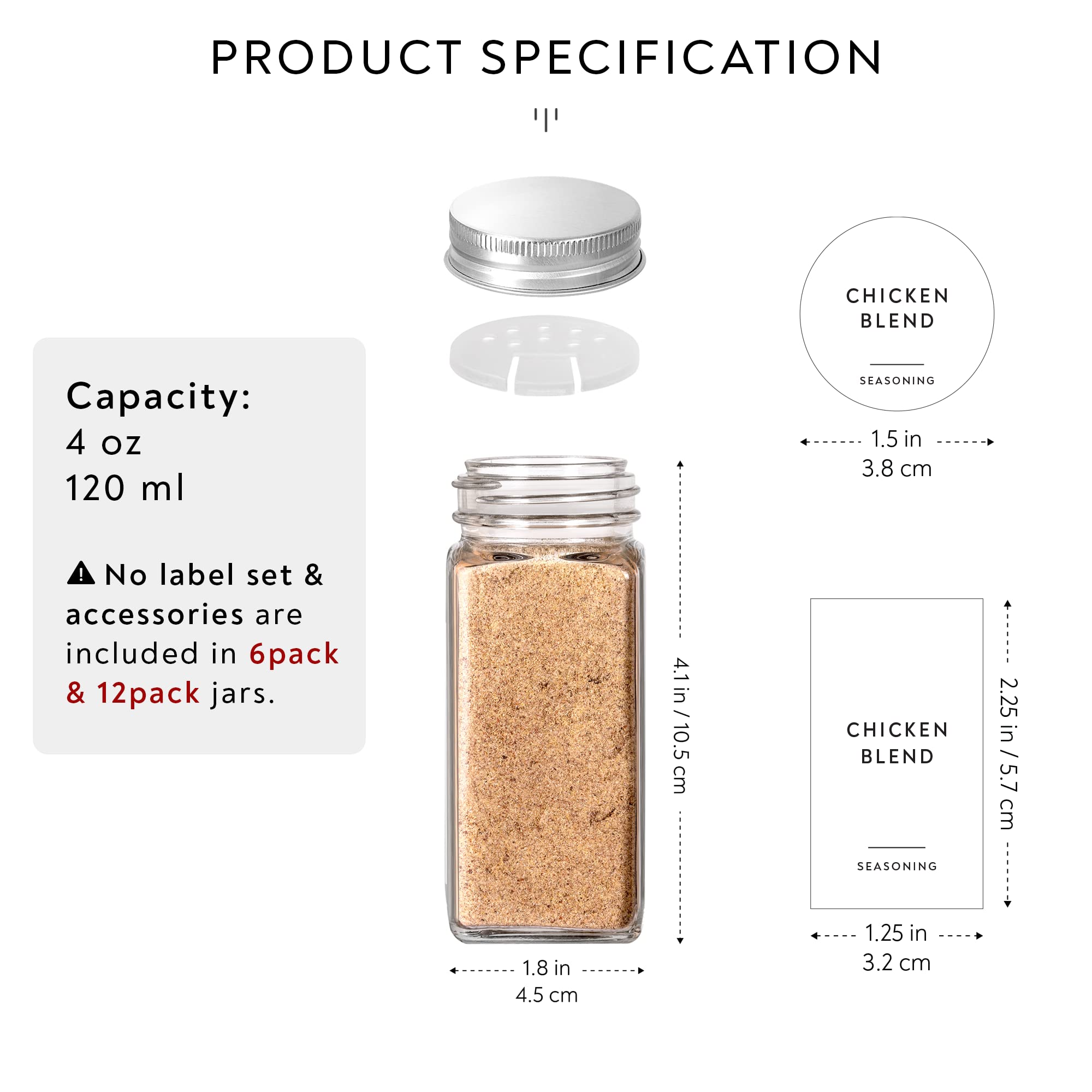 Laramaid 4oz 24Pack Spice Jars with 455 White Vinyl Spice Labels, Shaker Lids Dispenser with Airtight Silver Metal Caps, Cleaning Brush and Collapsible Silicone Funnel Complete Set