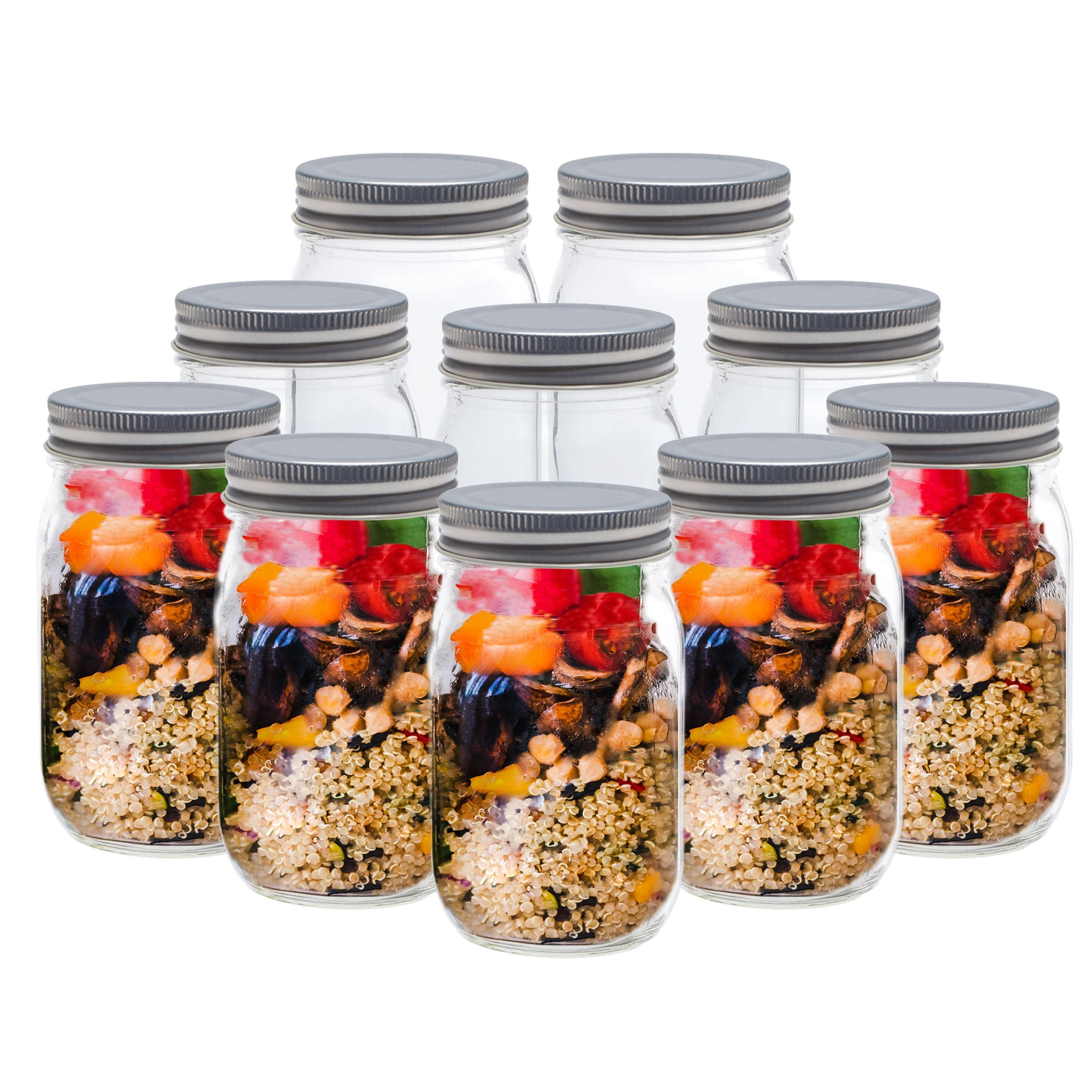 DISCOUNT PROMOS Mason Jars with Lids 16 oz. Set of 10, Bulk Pack - Glass Jars for Overnight Oats, Candies, Fruits, Pickles, Spices, Beverages - Clear Bottom Color