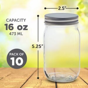 DISCOUNT PROMOS Mason Jars with Lids 16 oz. Set of 10, Bulk Pack - Glass Jars for Overnight Oats, Candies, Fruits, Pickles, Spices, Beverages - Clear Bottom Color