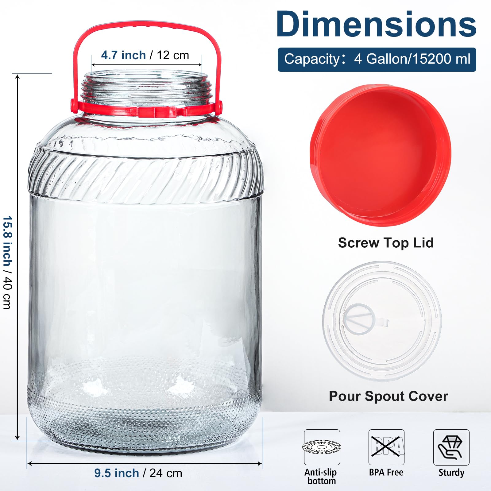 Daitouge Ulrta Large 4 Gallon(15200 ML) Glass Jar with Lid & Handle, Wide Mouth Canning Jars with Plastic Screw Lids, Glass Storage Jars BPA Free & Dishwasher Safe, 1 Pack