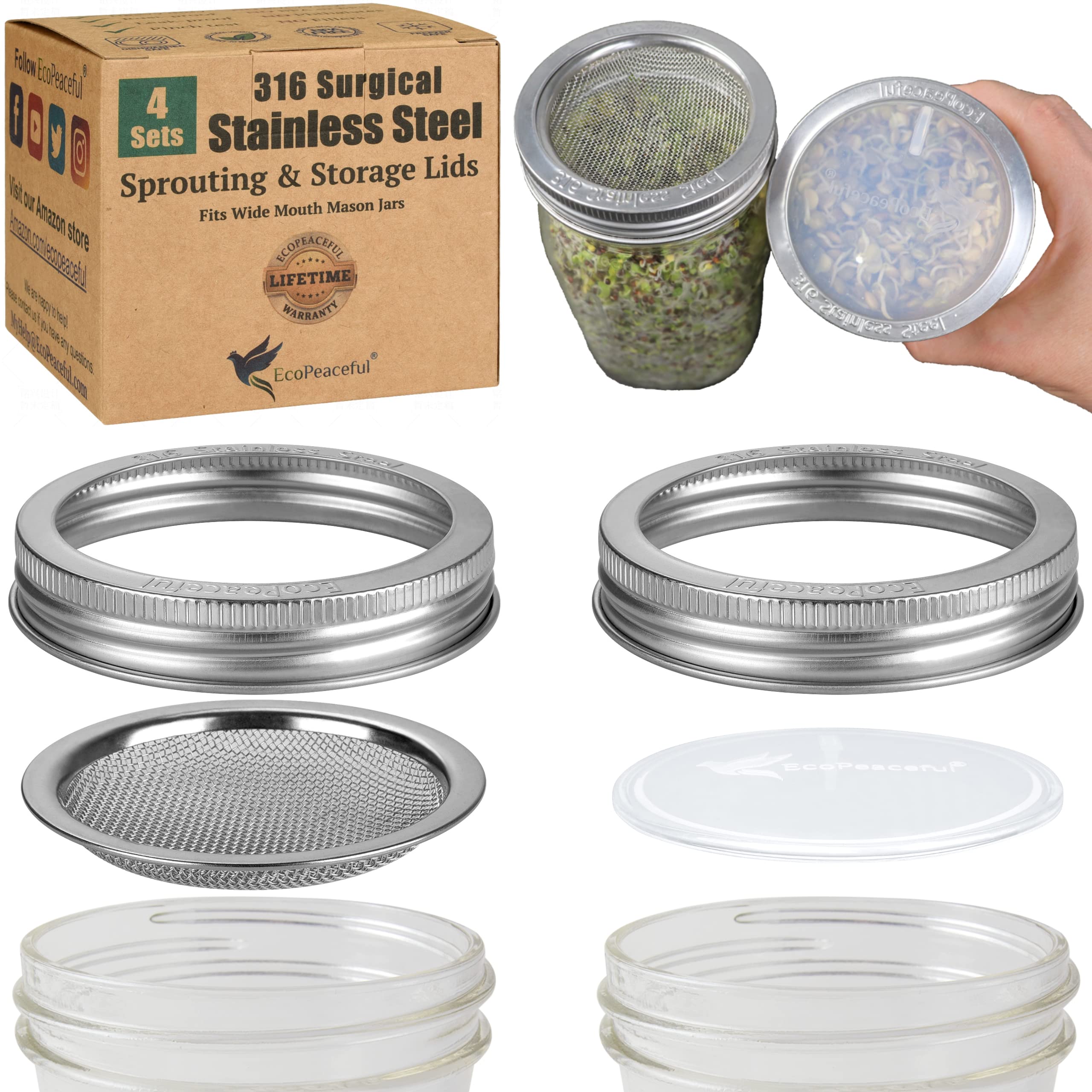 4 Pack (4 Rings, 4 Screens, 4 Inserts) Mason Jar Sprouting Lids - 316 Surgical Stainless Steel Sprouting Lids for Wide Mouth Mason Jars- Curved Strainer Lids, Silicone Inserts - Rust-Proof, BPA-free