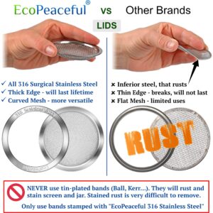 4 Pack (4 Rings, 4 Screens, 4 Inserts) Mason Jar Sprouting Lids - 316 Surgical Stainless Steel Sprouting Lids for Wide Mouth Mason Jars- Curved Strainer Lids, Silicone Inserts - Rust-Proof, BPA-free