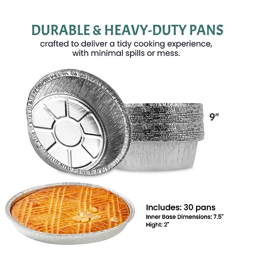 FUNSTITUTION Round Disposable Baking Pans (30 Pack) - 9 Inch Cake Pan - Aluminum Baking Pans For Baking, Grilling, Cooking, Storing, Prepping - Pie Tins