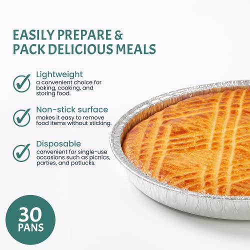 FUNSTITUTION Round Disposable Baking Pans (30 Pack) - 9 Inch Cake Pan - Aluminum Baking Pans For Baking, Grilling, Cooking, Storing, Prepping - Pie Tins