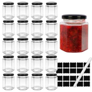 hexagon glass jars with black lids, 20pcs 6oz canning jars for jam honey jelly candy candle wedding favors baby shower favors spice jars crafts with 40 chalkboard stickers and one pen for labeling