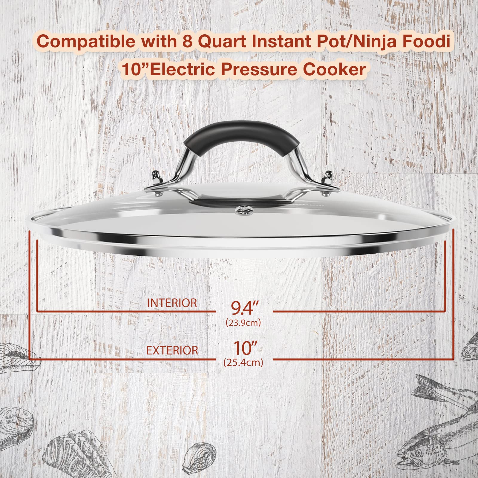 WishDirect 10 Inch Tempered Glass Lid Compatible with 8 Quart Instant Pot and Ninja Foodi, Universal Electric Pressure Cooker Lid with Upgraded Heat-resistant Silicone Handle