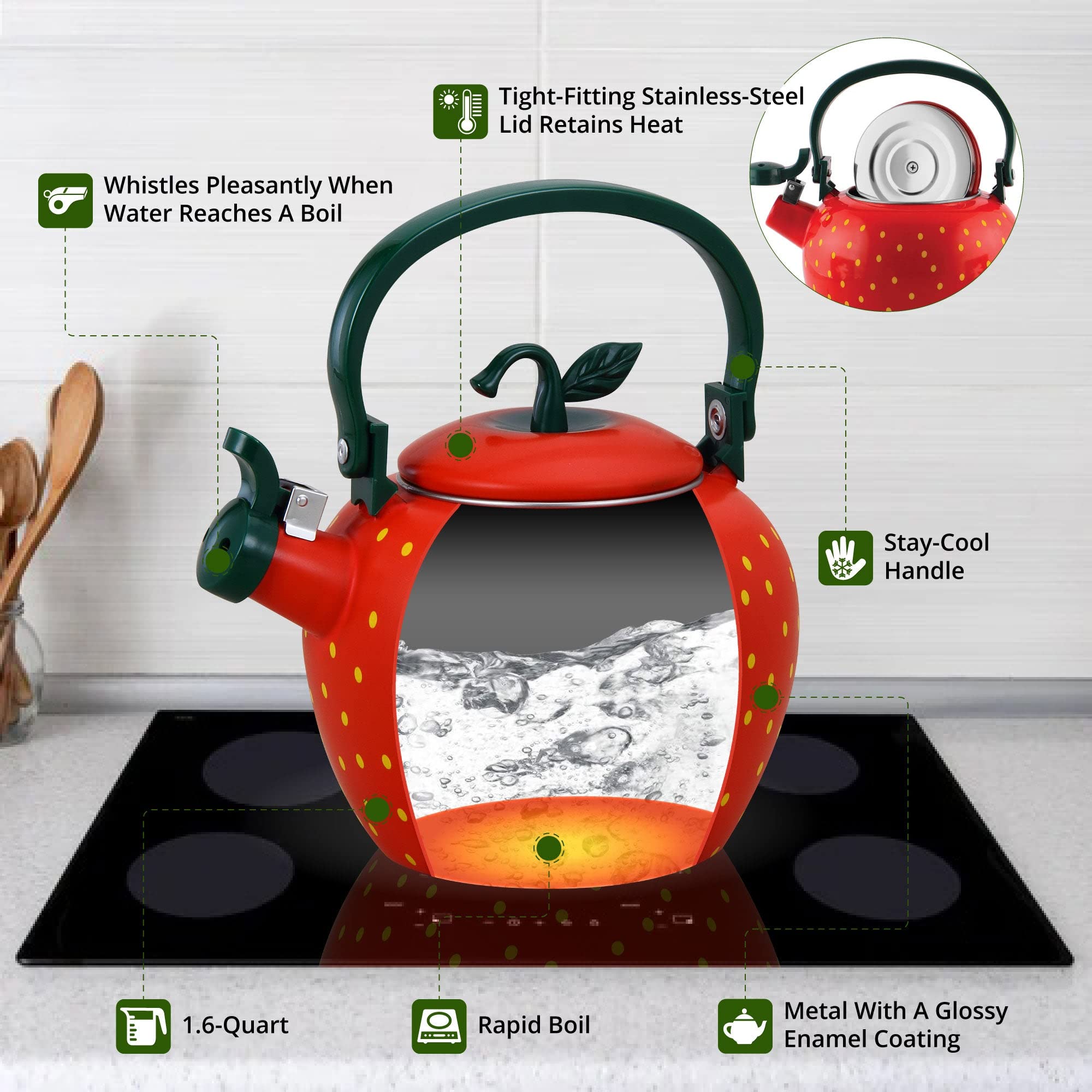 Whistling Tea Kettle for Stove Top Enamel on Steel Teakettle, Supreme Housewares Strawberry Fruit Decor Teapot Water Kettle Cute Kitchen Accessories Teteras (2.3 Quart, Strawberry)